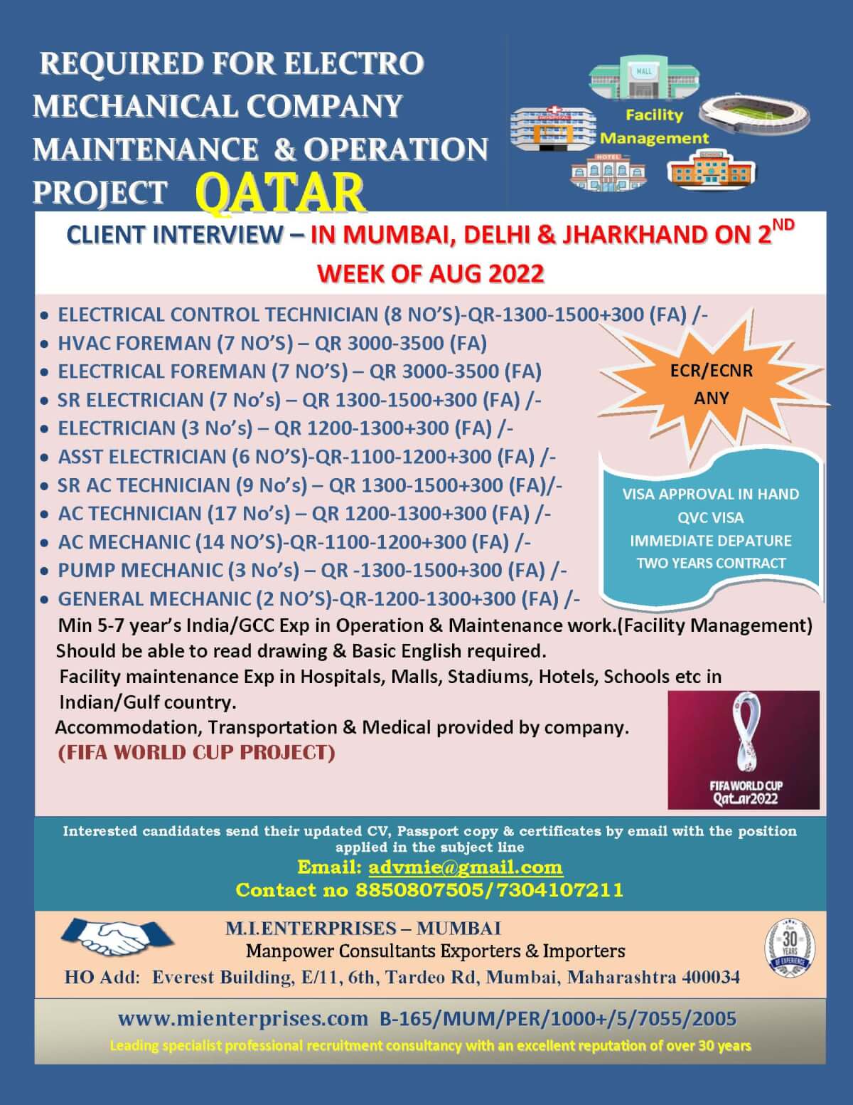 Recruitment to Electro Mechanical company in Qatar