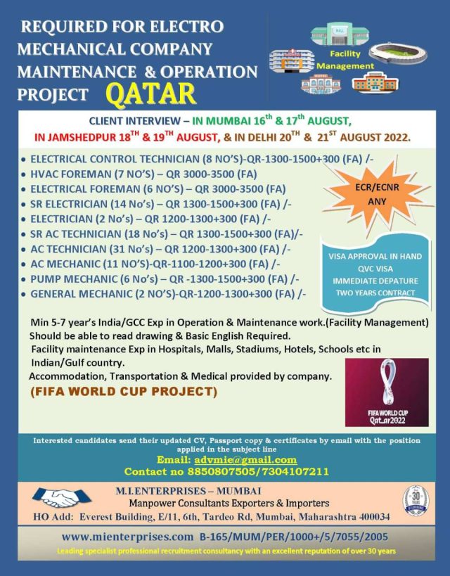 Recruitment to Electro Mechanical company in Qatar